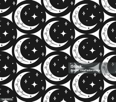 추상 적인 배경 원활한 패턴 초승달 별 가지 나뭇잎 꽃 열매 0명에 대한 스톡 벡터 아트 및 기타 이미지 0명 검은색 광고 Istock