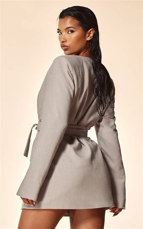Plt Label Light Grey Strap Detail Cross Over Oversized Blazer Dress