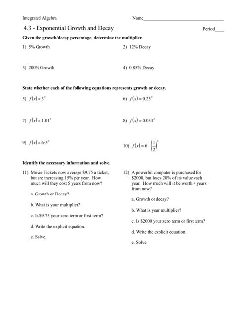 Integrated Algebra Exponential Growth And Decay Problems PDF