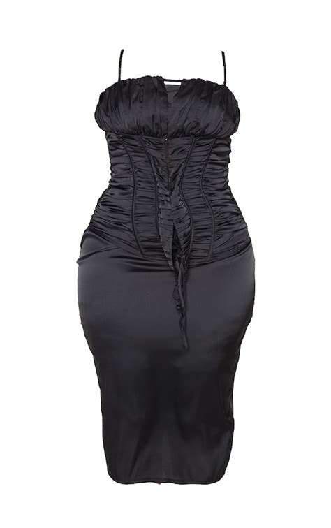 Plus Black Satin Ruched Lace Up Corset Midi Dress Prettylittlething