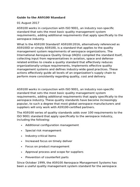 Guide To The As9100 Standard Pdf Audit Iso 9000