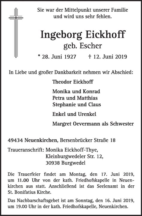 Traueranzeigen Von Ingeborg Eickhoff Om Trauerde