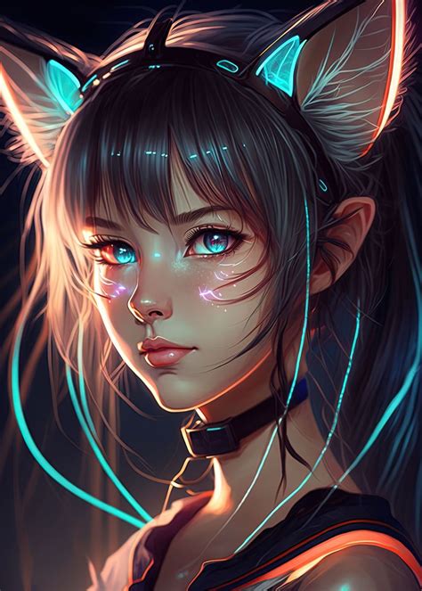 Anime Girl Cat In Neon Poster Picture Metal Print Paint By Hassen