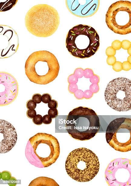 도넛의 배경입니다 과자와 패스트리의 손으로 그린 수채화 그림입니다 National Doughnut Day에 대한 스톡 벡터 아트