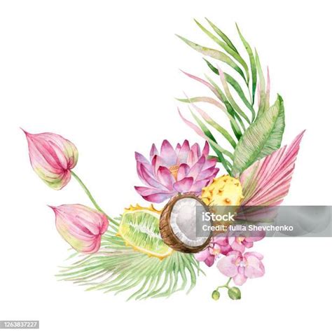 Bouquet Daquarelle Avec Fruits Tropicaux Fleurs Et Feuilles De Palmier