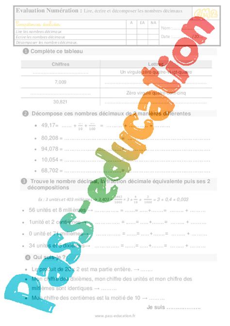 Évaluation bilan sur lire écrire et décomposer des nombres décimaux