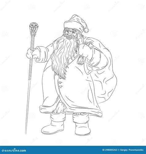 Line Art Of Santa Claus With A Bag Behind His Back And A Staff Stock