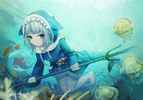 Safebooru 1girl Bangs Bloop Gawr Gura Blue Eyes Blue Hair Blue