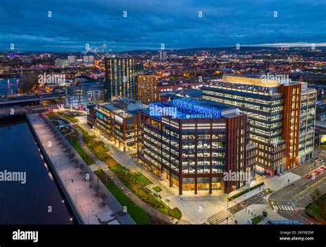 Aerial View From Drone At Dusk Of Barclays Technology Campus In