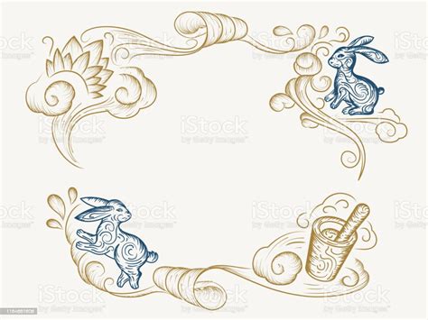 중순 가을 또는 수확 달 축제 배경입니다 토끼 또는 토끼 박격포 물약 중추 절기 카드 라인 아트 장식의 스케치 중국 또는 중국