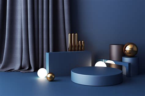 제품 디자인 3d 렌더링 3d 일러스트레이션을 위한 파란색 포디움으로 기하학적 모양의 골드와 유리 질감의 구성을 모의 3차원 형태에 대한 스톡 사진 및 기타 이미지 Istock