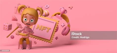 비 곰팡이 토큰 Nft와 비디오 게임 콘솔을 재생 하는 소녀 게이머 공간을 복사합니다 3d 일러스트레이션 만화 아이에 대한 스톡