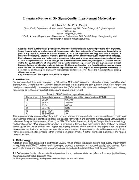 Pdf Literature Review On Six Sigma Quality Improvement Methodology