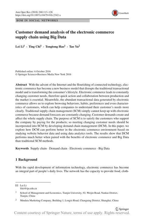 Customer Demand Analysis Of The Electronic Commerce Supply Chain Using Big Data