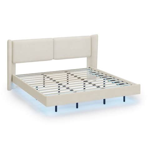 Maximized Space Modern Style Velvet Fabric Floating Bed Frame With Led Lights Wingback