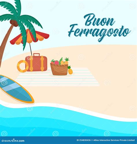 Buon Ferragosto Poster Design With Coconut Tree Surfboard Briefcase