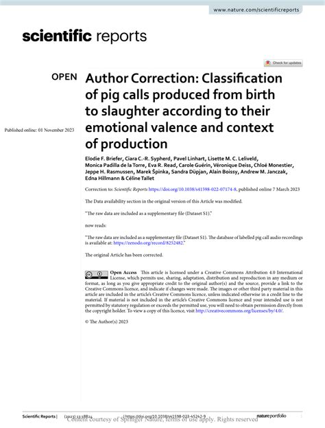 Pdf Author Correction Classification Of Pig Calls Produced From