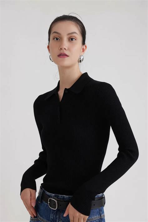 Fibflx Womens Washable Wool Rib Knit Long Sleeve Polo