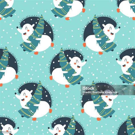 귀여운 고슴도치가있는 크리스마스 이음새가 크리스마스 트리와 함께 실행됩니다 간단한 유치한 손으로 그린 만화 스칸디나비아 스타일의 벡터 낙서 일러스트레이션 제한된 팔레트입니다