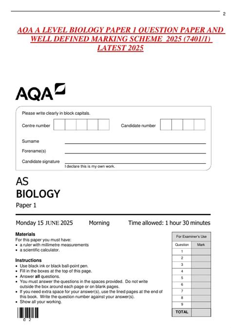 Aqa A Level Biology Paper 1 Question Paper And Well Defined Marking