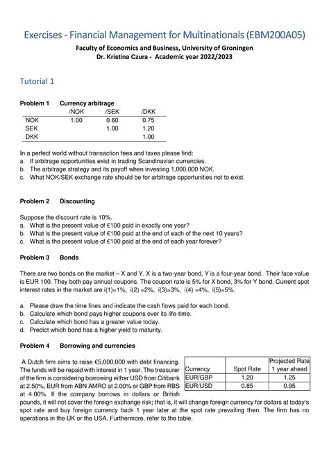 Exercises Set1 Exercises Financial Management For Multinationals EBM200A05 Faculty Of