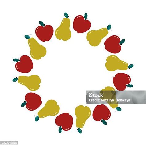 손으로 그린 미니멀리스트 빨간 사과와 배 원형 가을 휴일 프레임 테두리 복사 공간 템플릿 가격표에 대한 스톡 벡터 아트 및 기타 이미지 가격표 감사 건강한 생활방식