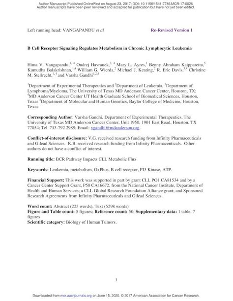 Pdf B Cell Receptor Signaling Regulates Metabolism In Chronic · 1