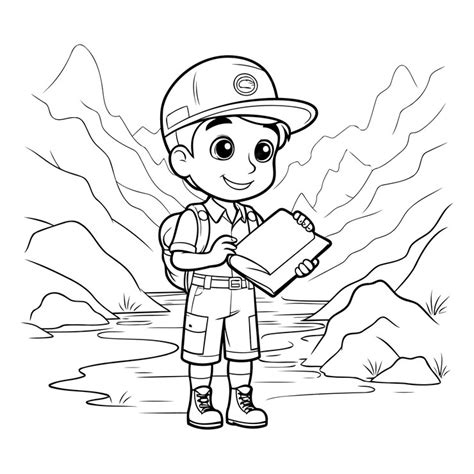 Dibujo Para Colorear Un Niño Minero De Dibujos Animados Con Un Libro En
