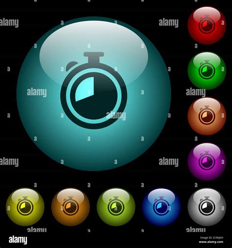 Timer Icons In Color Illuminated Spherical Glass Buttons On Black Background Can Be Used To