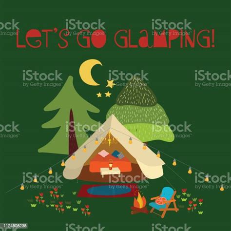 벡터 일러스트 레이 션 Glamping여름 캠핑 현장에 갈 수 있습니다 Boho 천막 텐트입니다 캠프의 밤 장면 글램핑에 대한