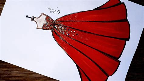 تعلم رسم فستان سهرة جميل باللون الأحمر ♥️ سهل جدا بالخطوات رسم فساتين