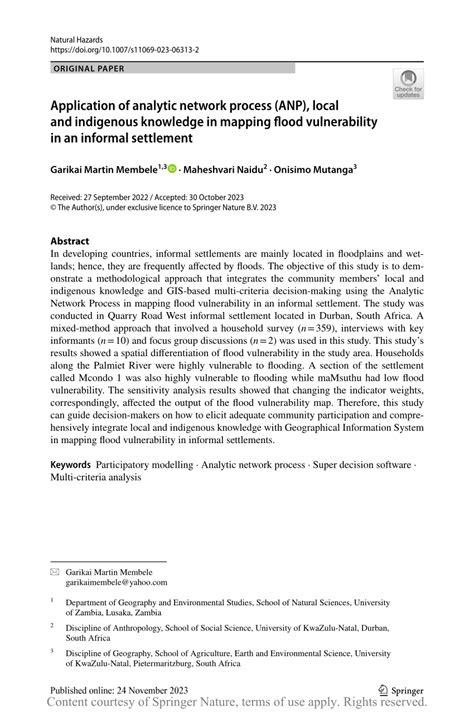 Application Of Analytic Network Process Anp Local And Indigenous Knowledge In Mapping Flood