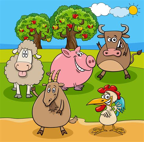 Cartoon Farm Animals Group In The Meadow 8101921 Vector Art At Vecteezy