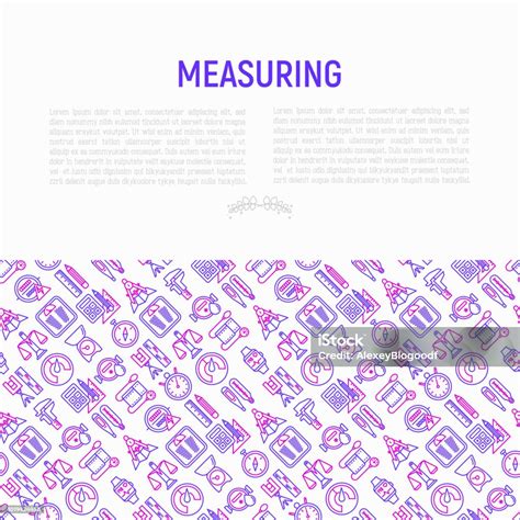 얇은 선 아이콘으로 측정 개념 스톱 워치 무게 저울 속도계 스마트 황동 저울 온도계 현대 벡터 그림 웹 페이지 배너 인쇄 매체에