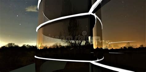 Reflection Of The Amazing Distant Town Night Lights In The Illuminated Round Glass Facade Of The