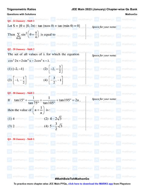Trigonometric Ratios Jee Main 2023 January Chapter Wise Questions By