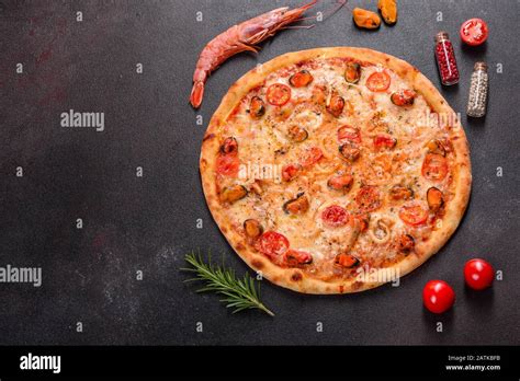 Seafood Italian Pizza With Shrimp Squid Mussels Fresh Herbs And