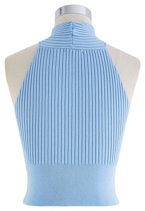 Knot Halter Neck Knit Crop Top In Blue Retro Indie And Unique Fashion