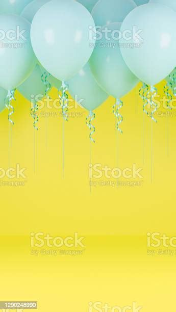 노란색 파스텔 배경에 떠있는 파란색 풍선생일 파티와 새해 개념 3d 모델 및 일러스트레이션 배경 주제에 대한 스톡 사진 및 기타 이미지 Istock