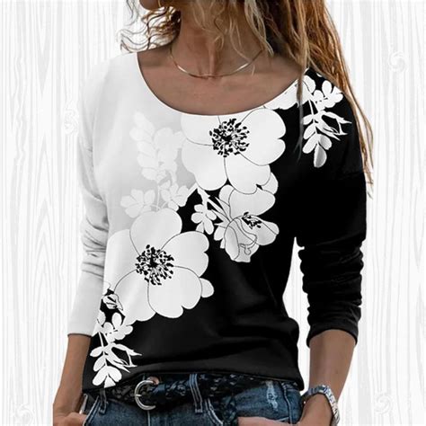 Acheter Femmes Haut Dautomne Ample Chat Fleur Motif Imprimé Casual à