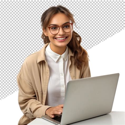Una Mujer Está Sonriendo Mientras Usa Una Computadora Portátil