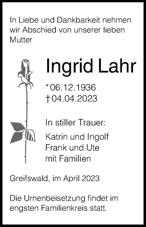 Traueranzeigen Von Ingrid Lahr Trauer Anzeigen De