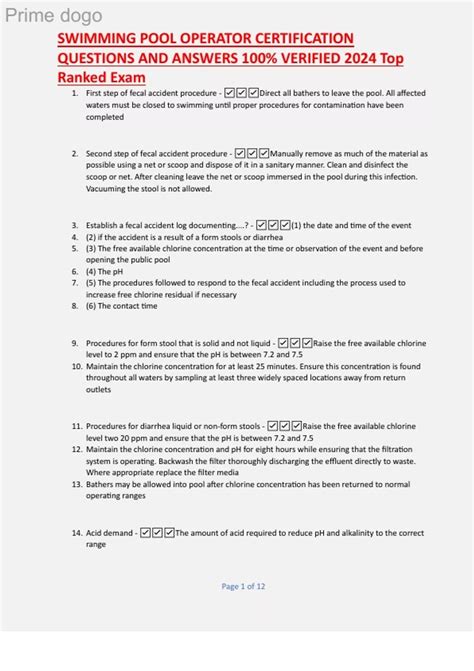 Swimming Pool Operator Certification 161 Questions With 100 Correct