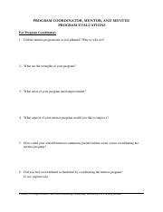 Sample Program Evaluation Survey Questions Pdf PROGRAM COORDINATOR MENTOR AND MENTEE PROGRAM