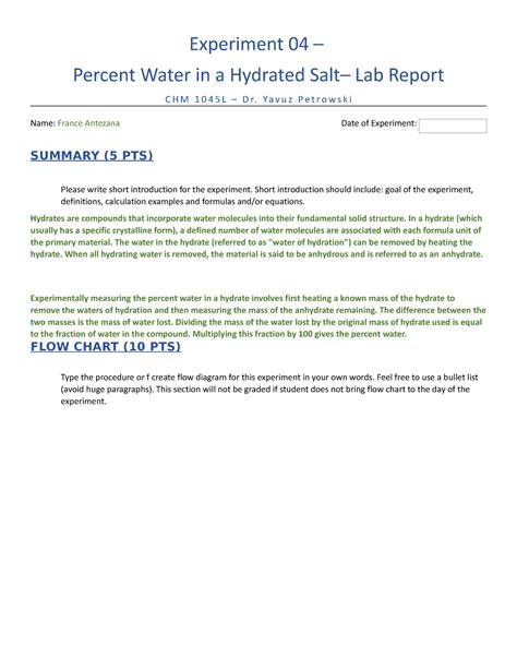 Exp4 Lab Report Lab4 Precent Water In A Hydrated Salt 2 Experiment 04 Percent Water In A