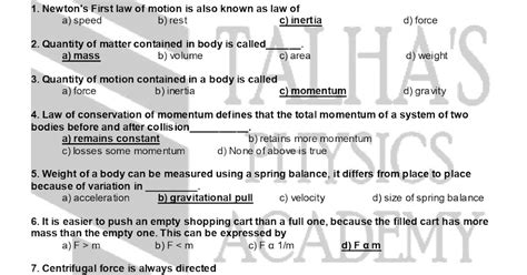 Talha S Physics Academy CLASS IX UNIT DYNAMICS SOLVED M C Qs