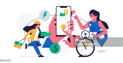 온라인 소포 배달 서비스 개념 모바일 앱 개념 손에 들고 전화와 소포 배달 응용 프로그램 디스플레이에 여자 택배는 행복한 여자를 위해 주문과 함께 실행됩니다 플랫 벡터