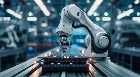 Automated Robotic Arm In Modern Industrial Facility Working On Precision Assembly Stock Image
