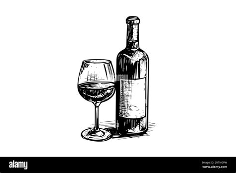 Wine Bottle And Glass Hand Drawn Engraving Sketch Style Vector
