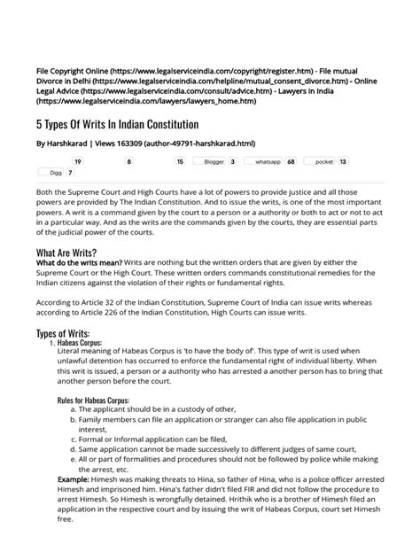 5 Types Of Writs In Indian Constitution Pdf Writ Habeas Corpus